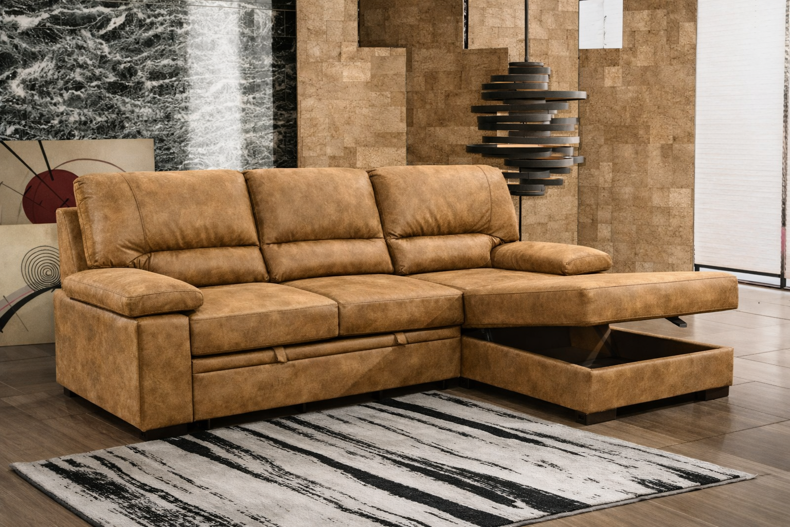 Canapé-lit Sybil avec rangement – Marron clair – Optimum Plus