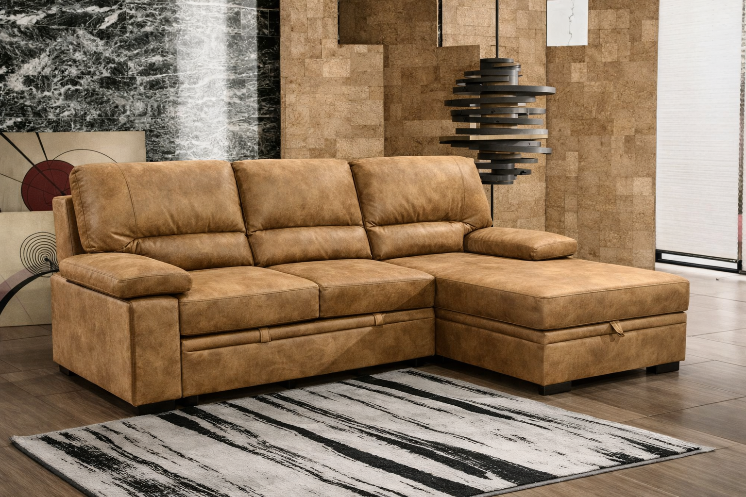 Canapé-lit Sybil avec rangement – Marron clair – Optimum Plus